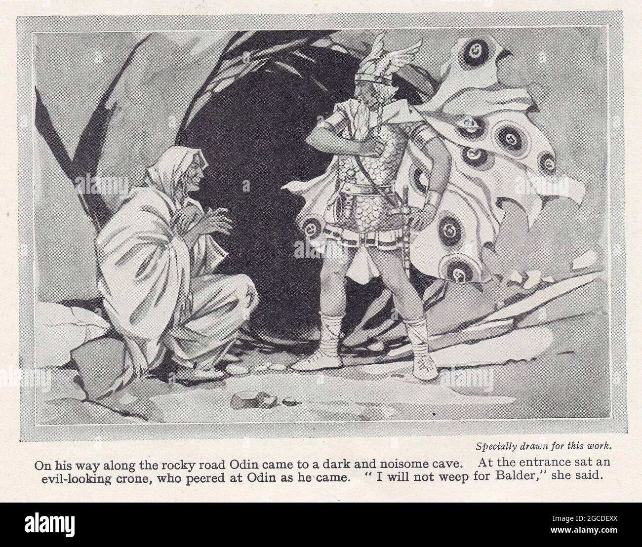 Vintage illustration of Odin at the entrance of a cave where sat an ...