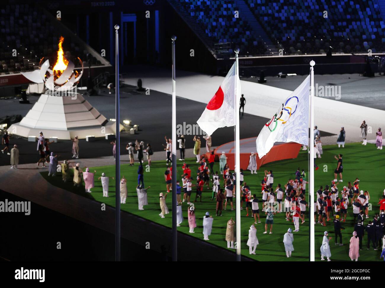 Tokyo, Japan. 8th Aug, 2021. The Olympic flag and Japanese national ...