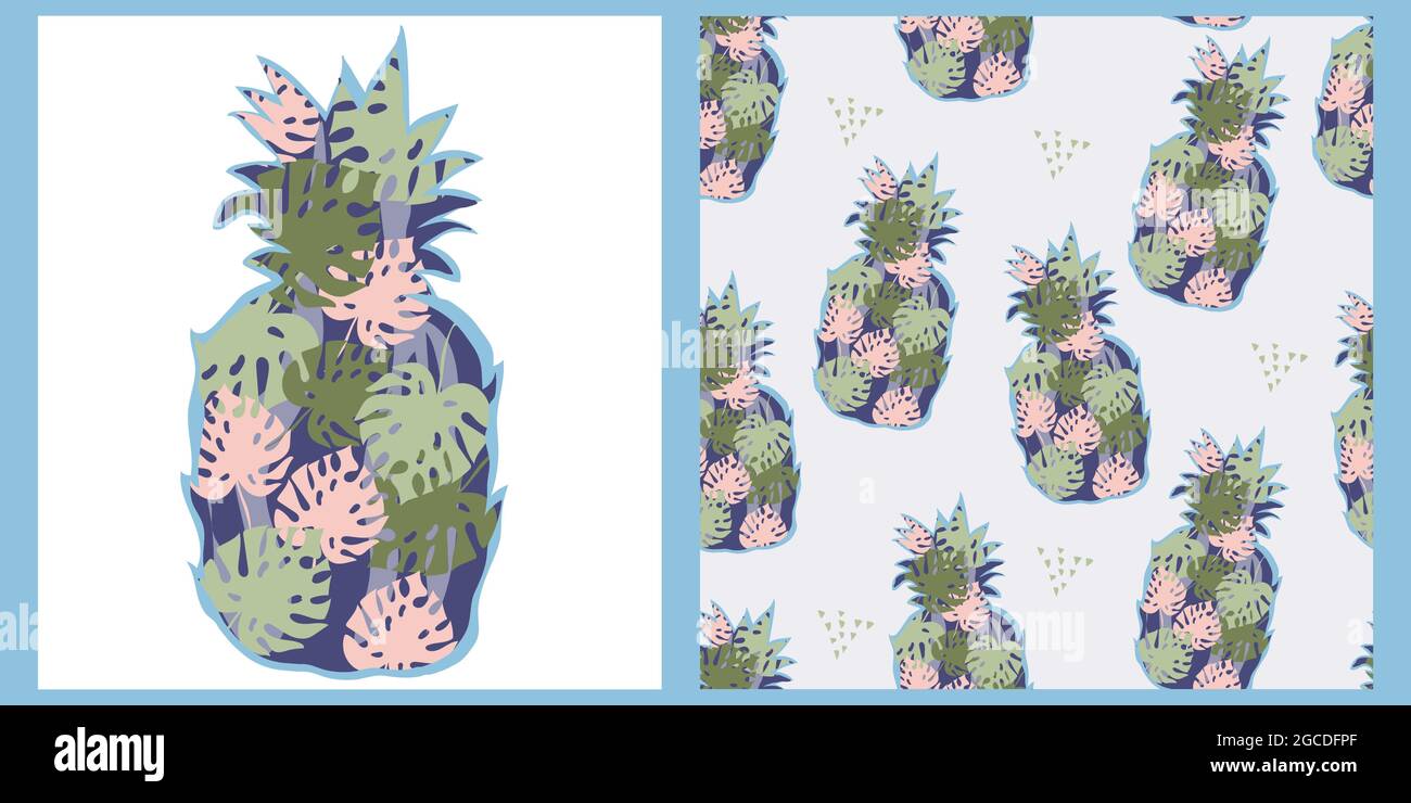 Set of pineapple shape with tropical leaves and matching seamless ...