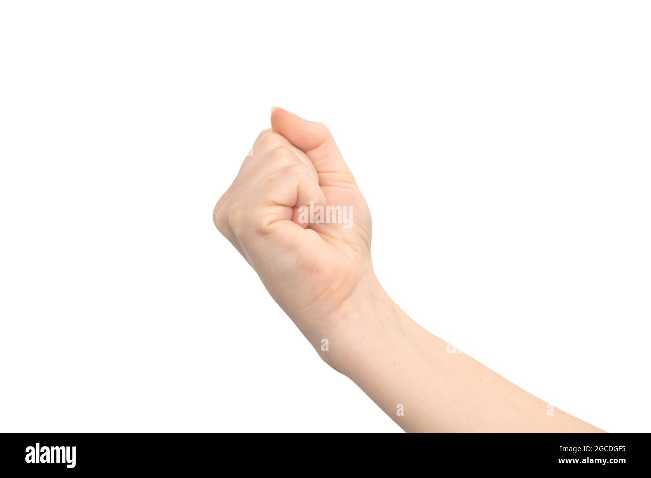 Hand gesture clenched fist, isolated on a white background, young ...