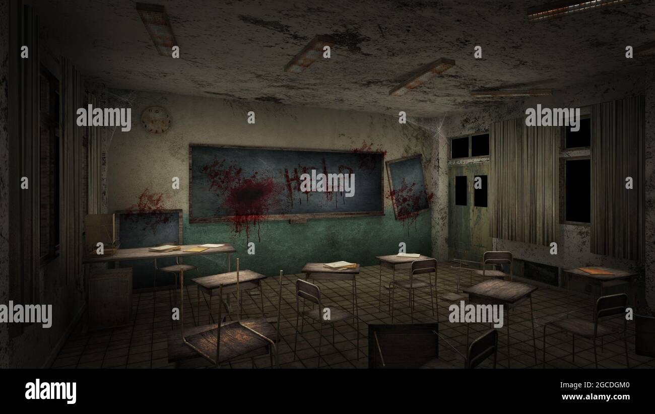 horror and creepy classroom in the school with text help blood. 3D ...