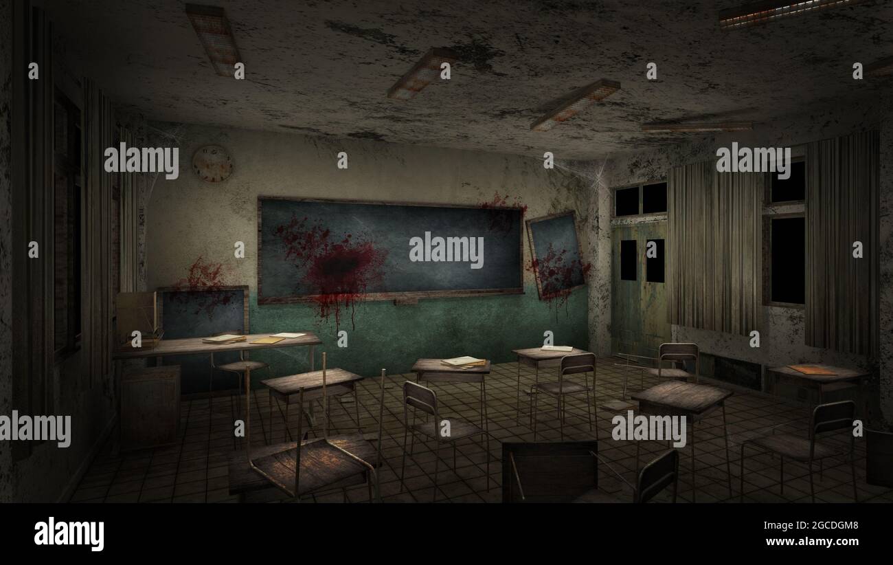 horror and creepy classroom in the school with blood. 3D rendering ...