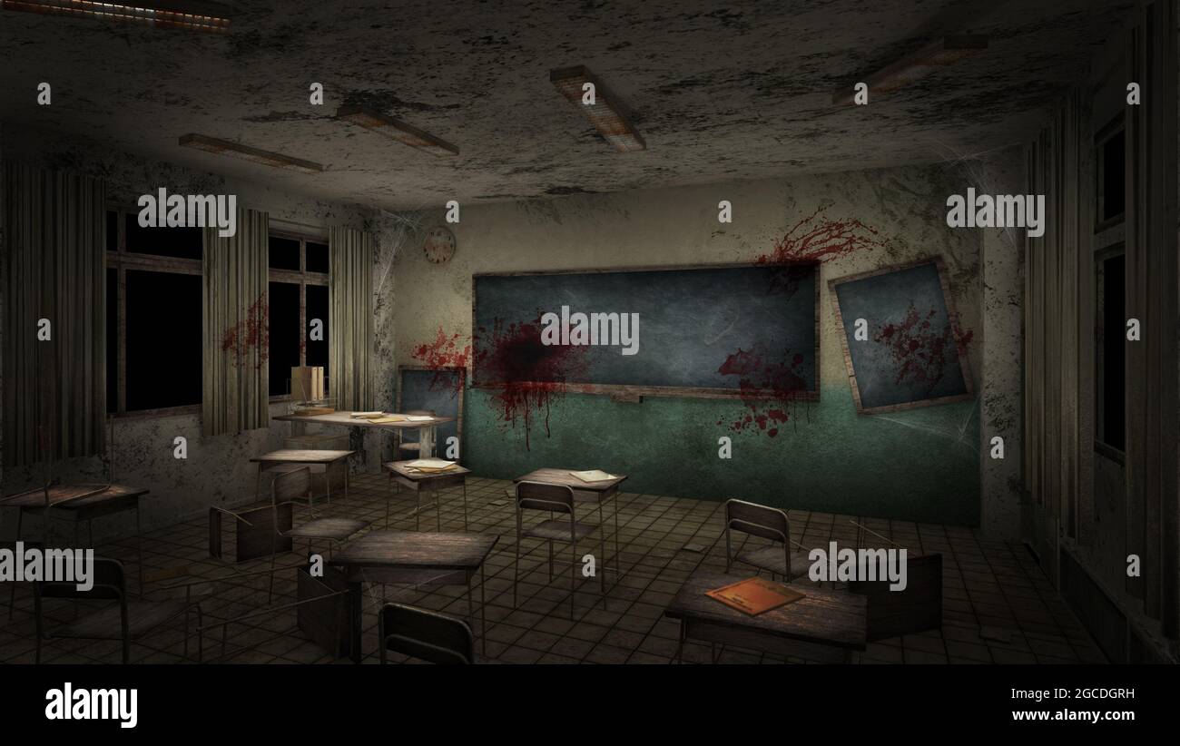 horror and creepy classroom in the school with blood. 3D rendering ...