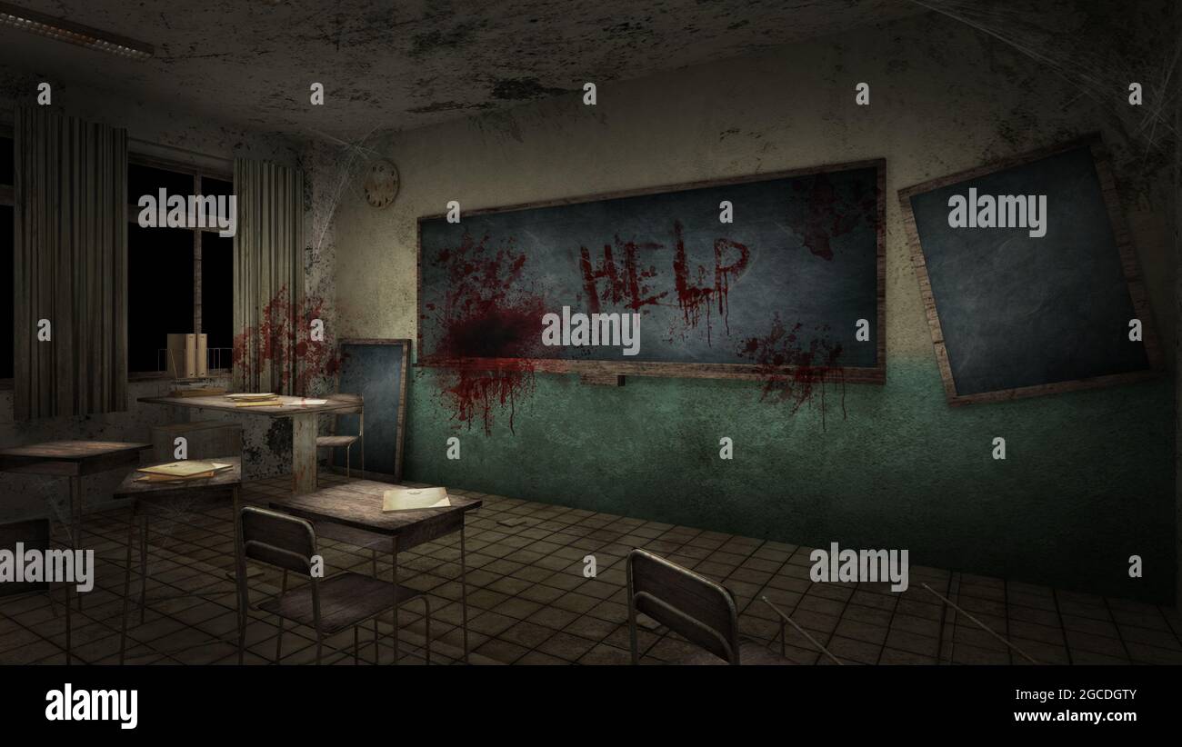 horror and creepy classroom in the school with text help blood. 3D ...