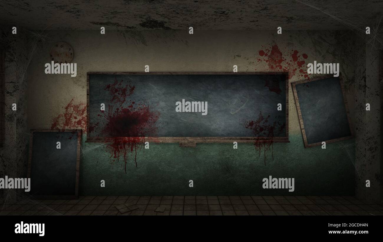 horror and creepy classroom in the school with blood. 3D rendering ...