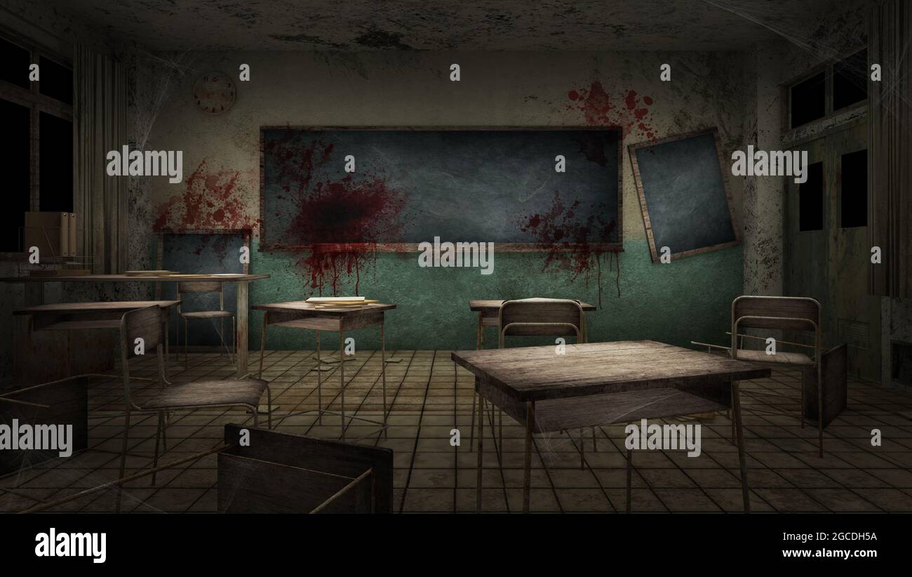 horror and creepy classroom in the school with blood. 3D rendering ...