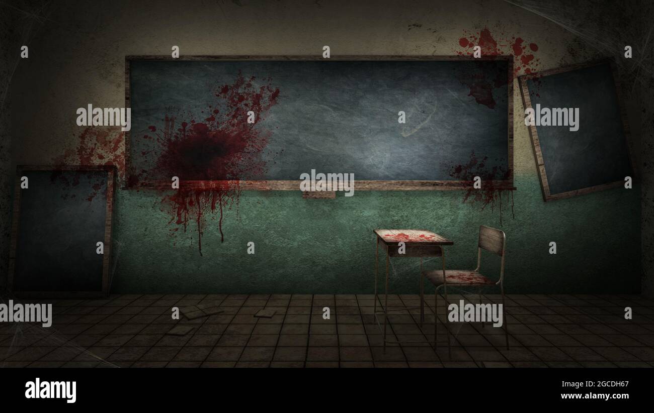 horror and creepy classroom in the school with blood. 3D rendering ...