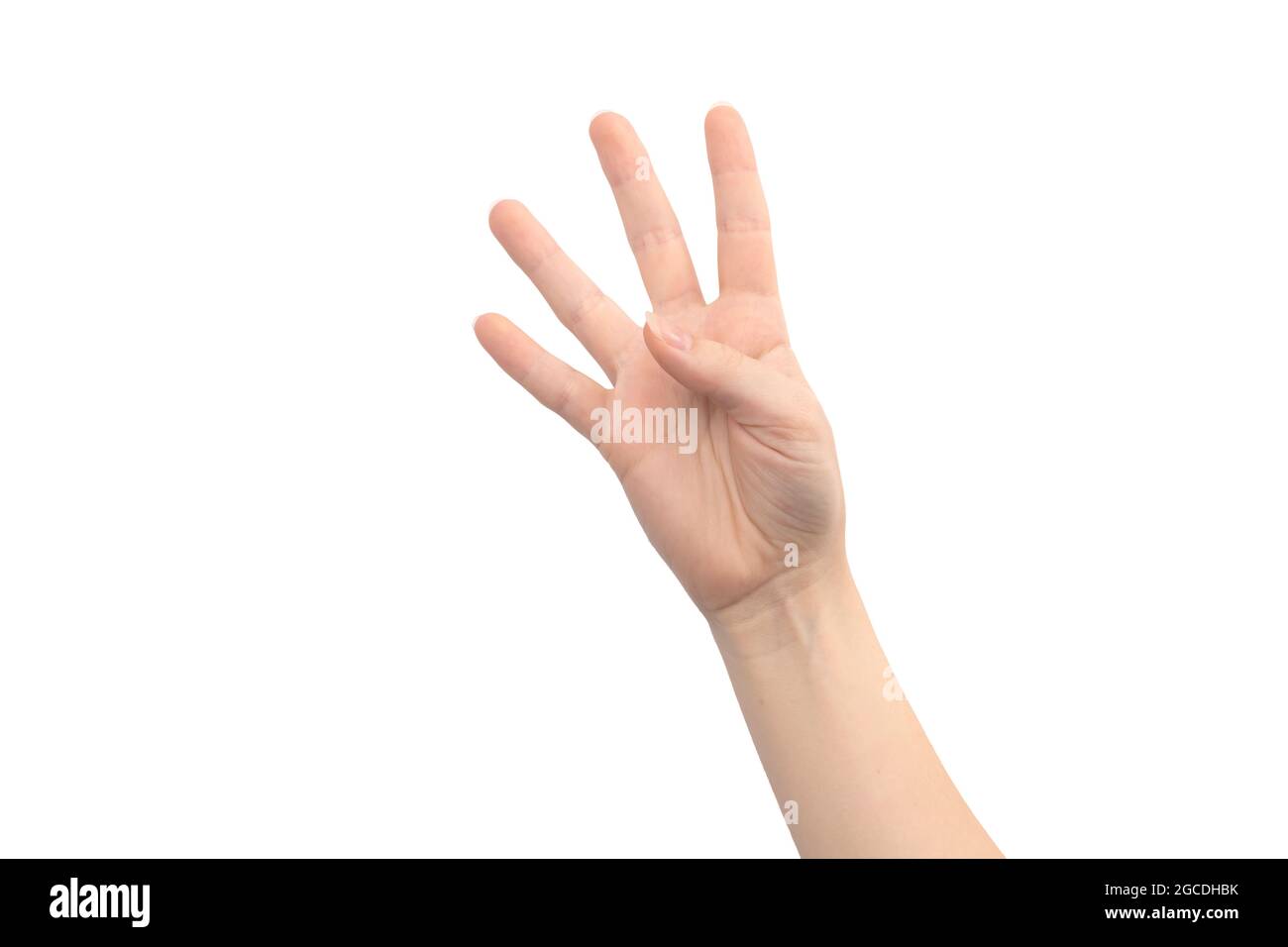 Hand gesture four fingers, isolated on a white background, young female ...