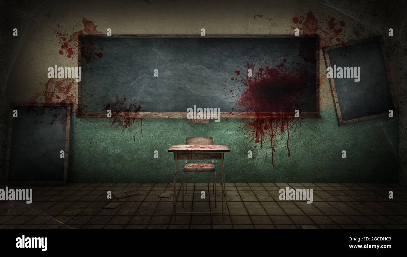 horror and creepy classroom in the school with blood. 3D rendering ...