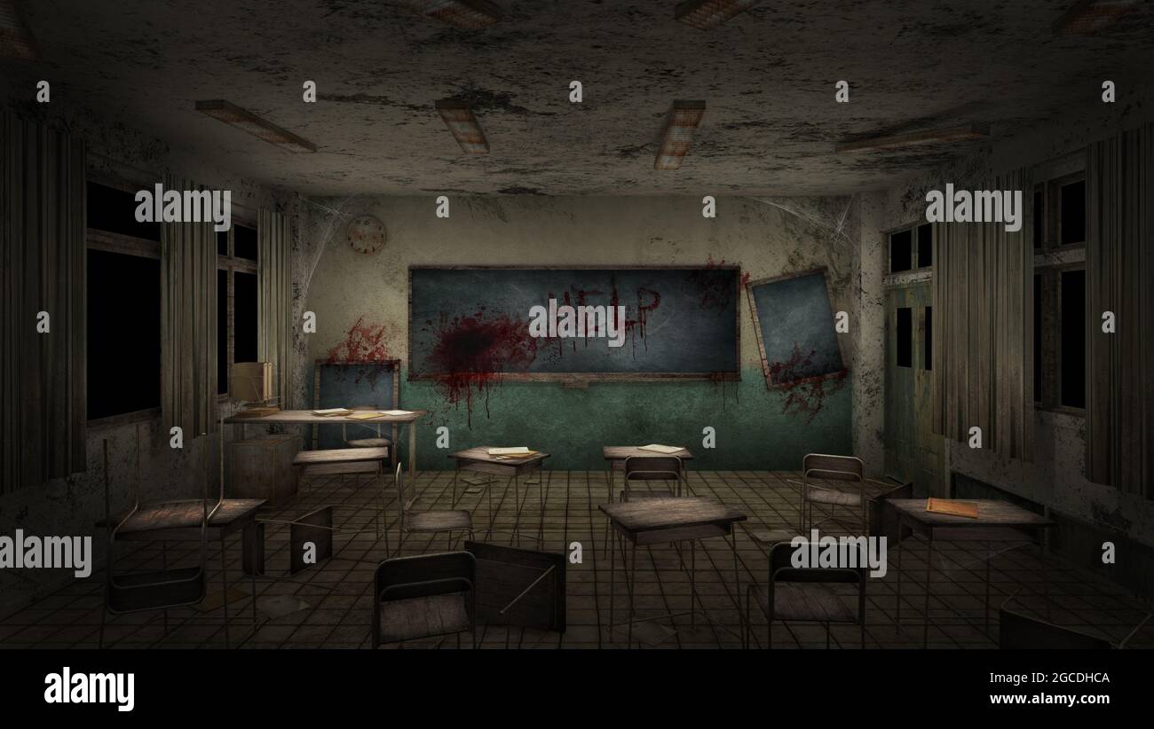 horror and creepy classroom in the school with text help blood. 3D ...