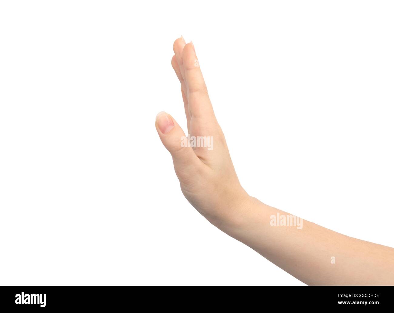 Hand gesture stop sign, isolated on a white background, young female ...