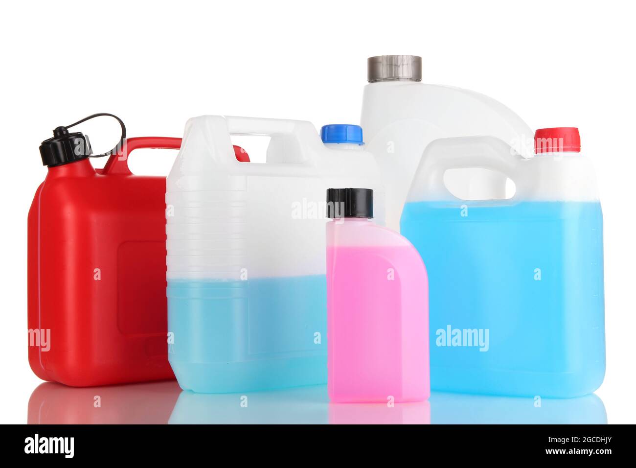 Different liquids for car in canisters isolated on white Stock Photo ...