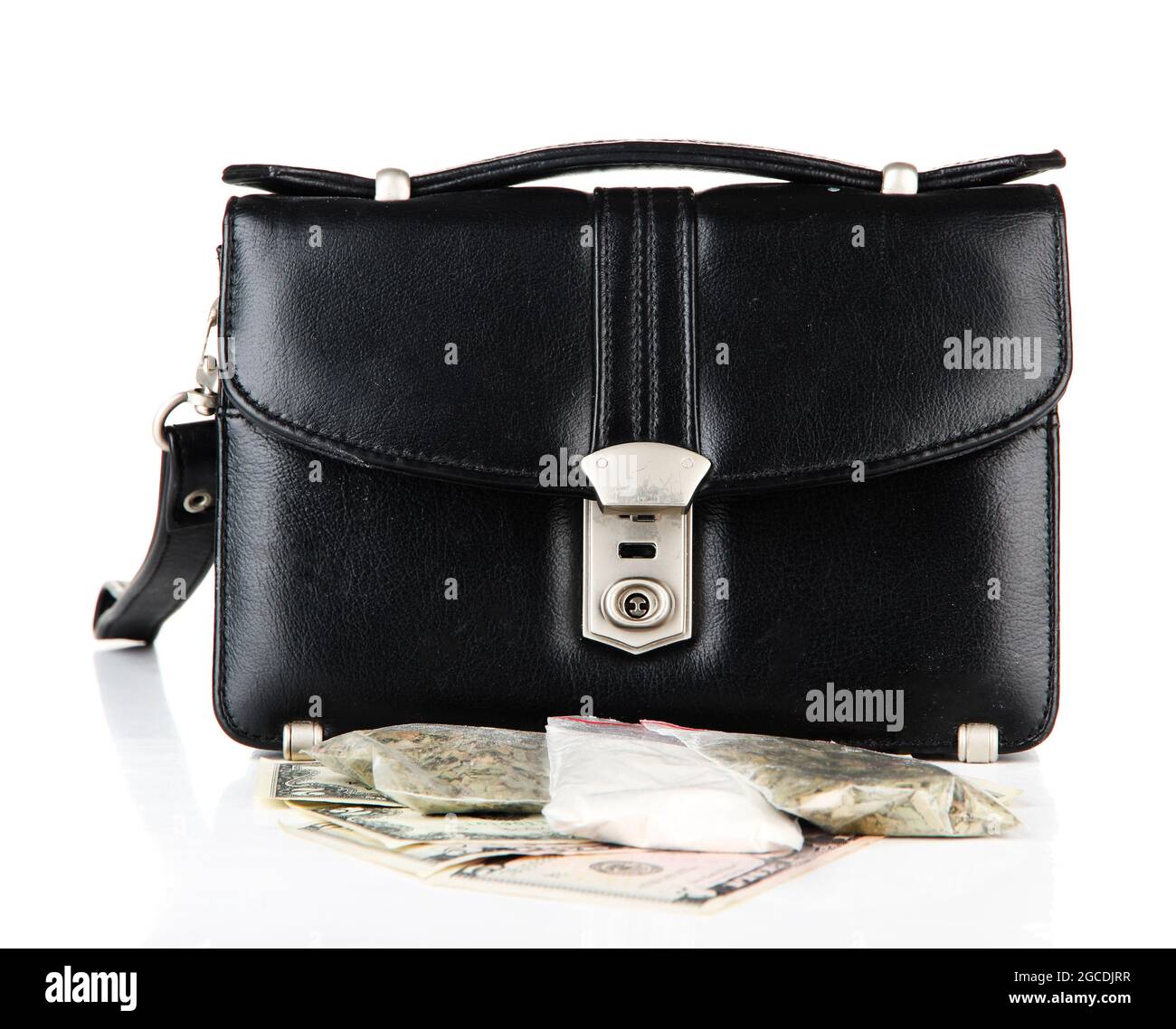 Black bag and drugs, isolated on white Stock Photo - Alamy