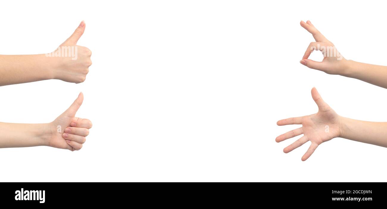 Set of okay or ok gesture by hand, thumb up isolated on a white ...