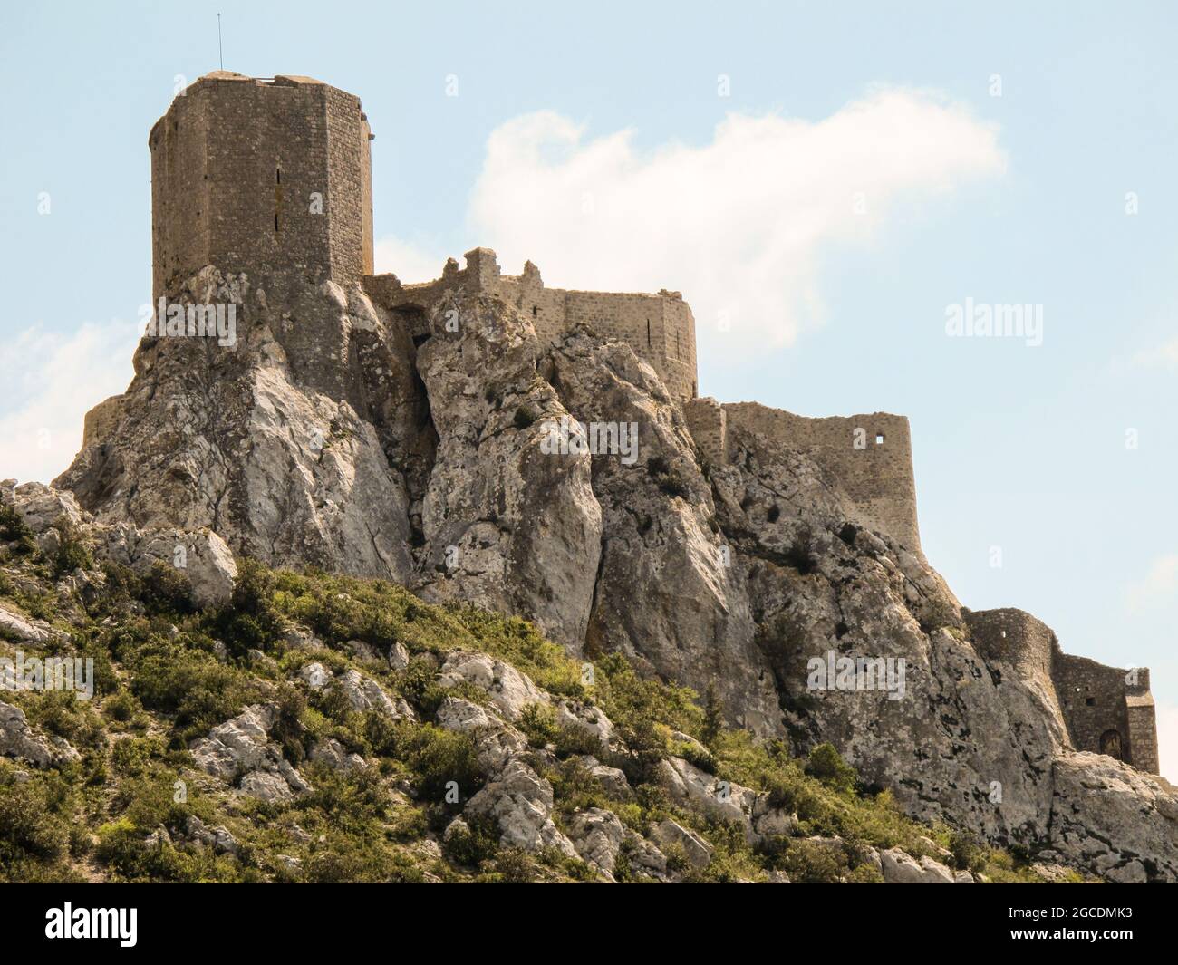 Quéribus castle sits well-defended on a prominent peak near the Spanish ...