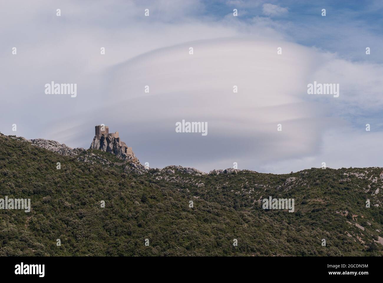 Quéribus, one of the famous Cathar castles, stands well-defended on a ...