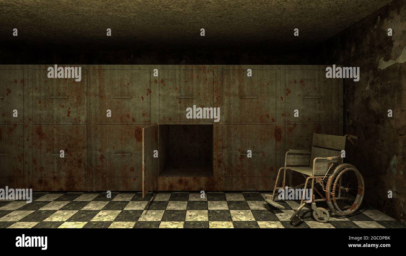 horror and creepy mortuary with wheelchair in the hospital .3D ...