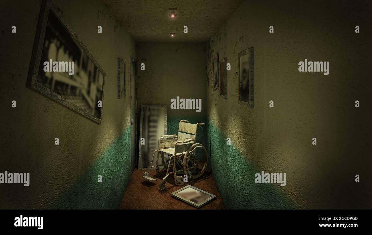 Horror and creepy walk way and wheelchair in front of the examination ...