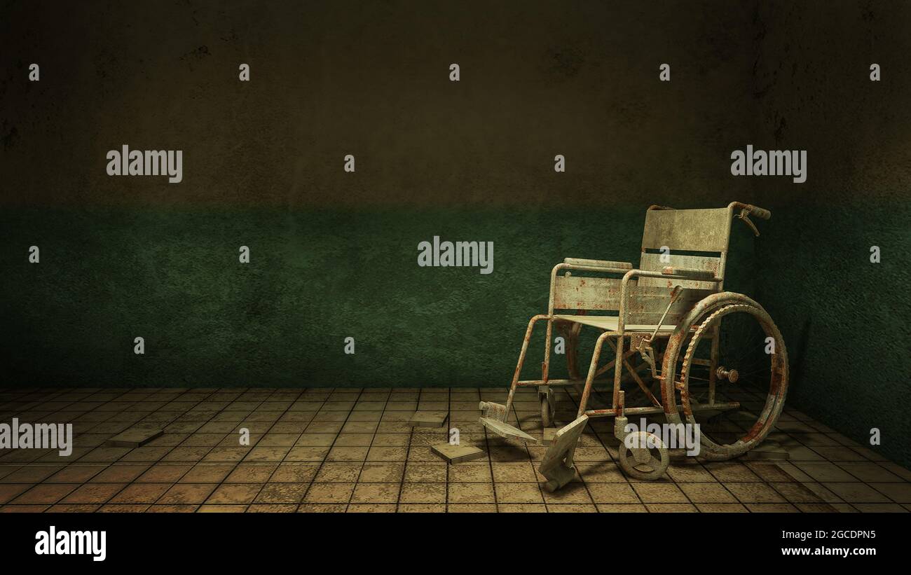 Horror and creepy walk way and wheelchair in front of the examination ...