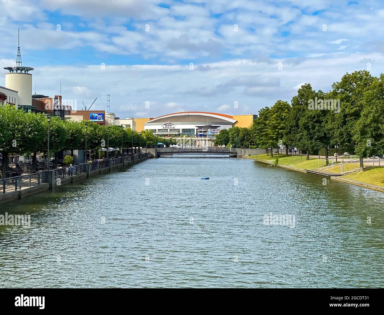 Oberhausen (Centro), Germany - July 9. 2021: View over water canal on ...