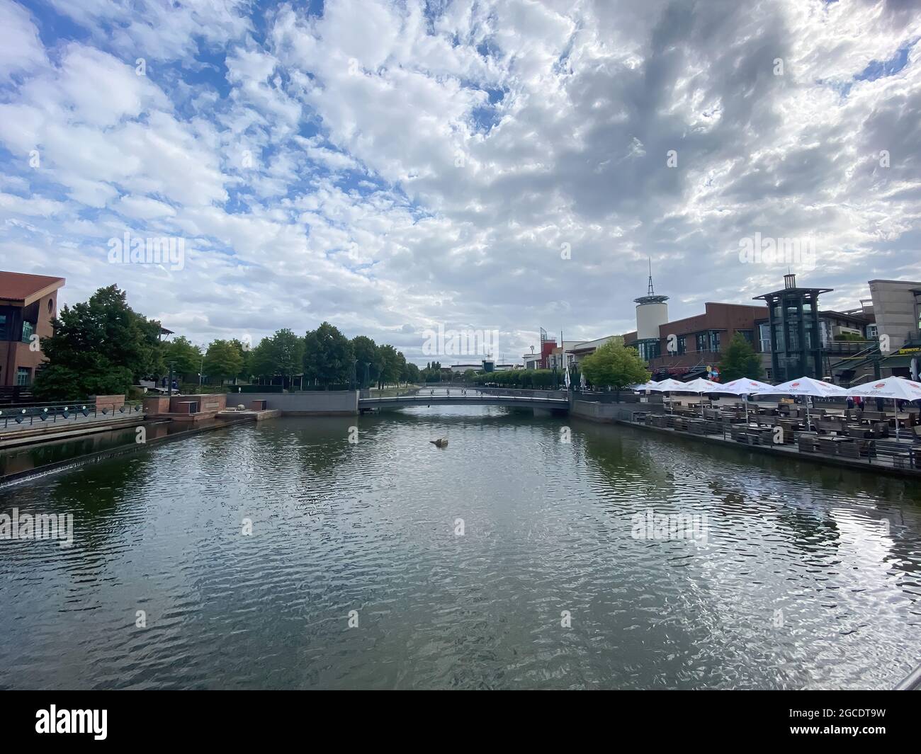 Oberhausen (Centro), Germany - July 9. 2021: View over water canal on ...