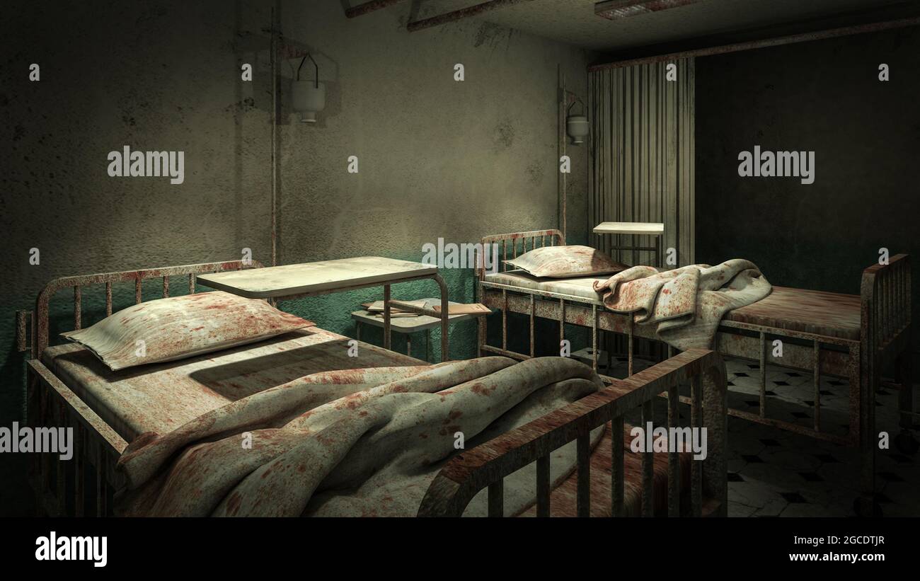 horror and creepy ward room in the hospital with blood .3D rendering ...