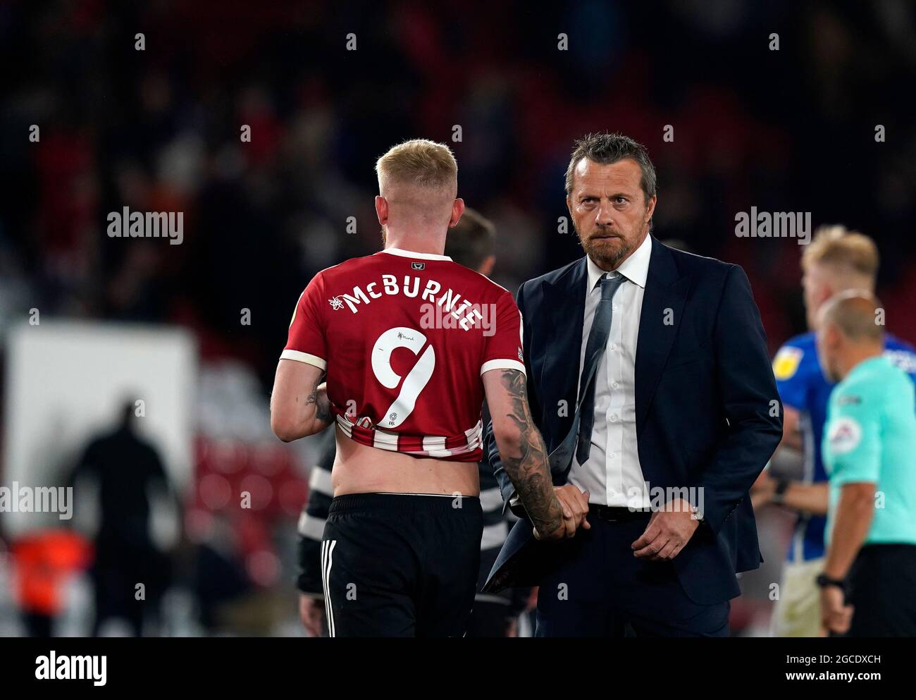 Sheffield, England, 7th August 2021. Oli McBurnie of Sheffield Utd with ...