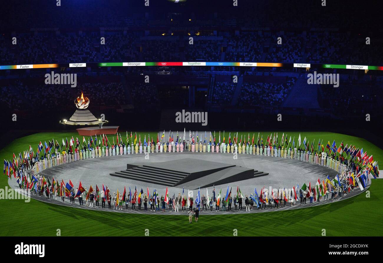Tokyo, Japan. 08th Aug, 2021. Flags of all the Olympic nations gather ...