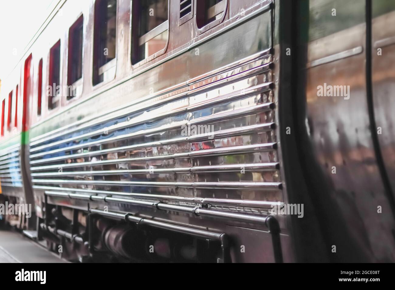 Close up outside old train on railway Stock Photo - Alamy