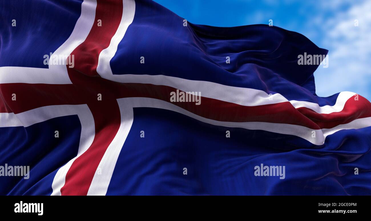 Detail of the national flag of Iceland flying in the wind. Democracy ...