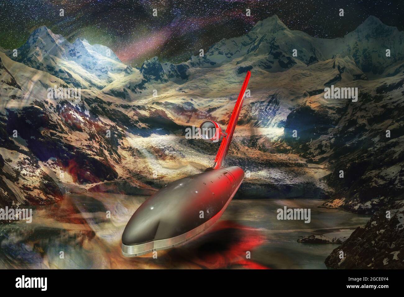 Alien spaceship laying on the lake in mountain landscape. Elements of ...