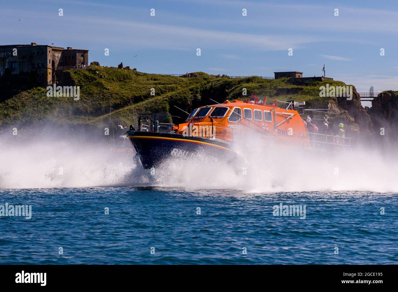 TENBY, WALES - JUNE 15 2021: The RNLI Tamar class offshore lifeboat ...