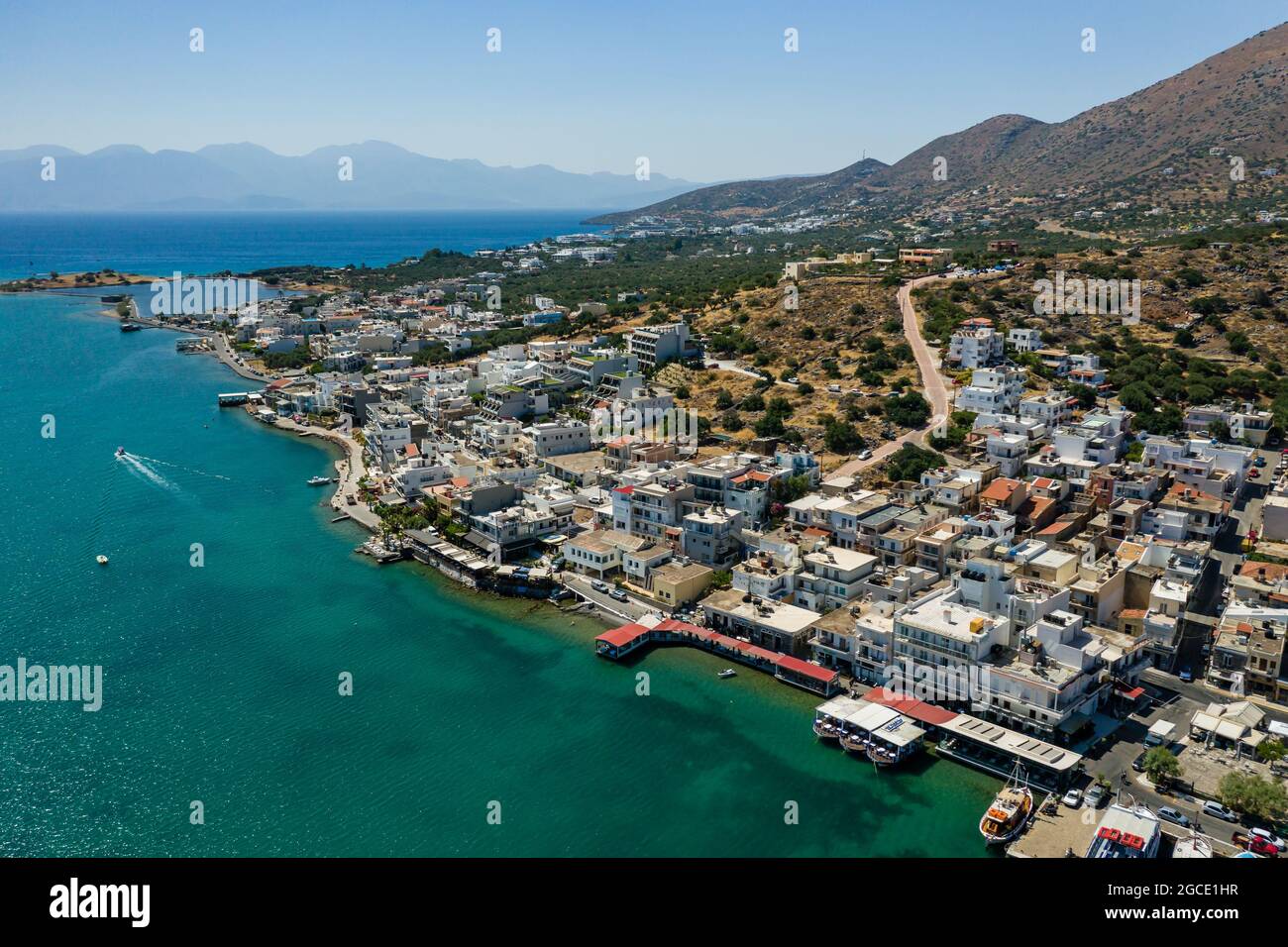 ELOUNDA, CRETE/GREECE - JULY 16 2021: Aerial view of the port and ...