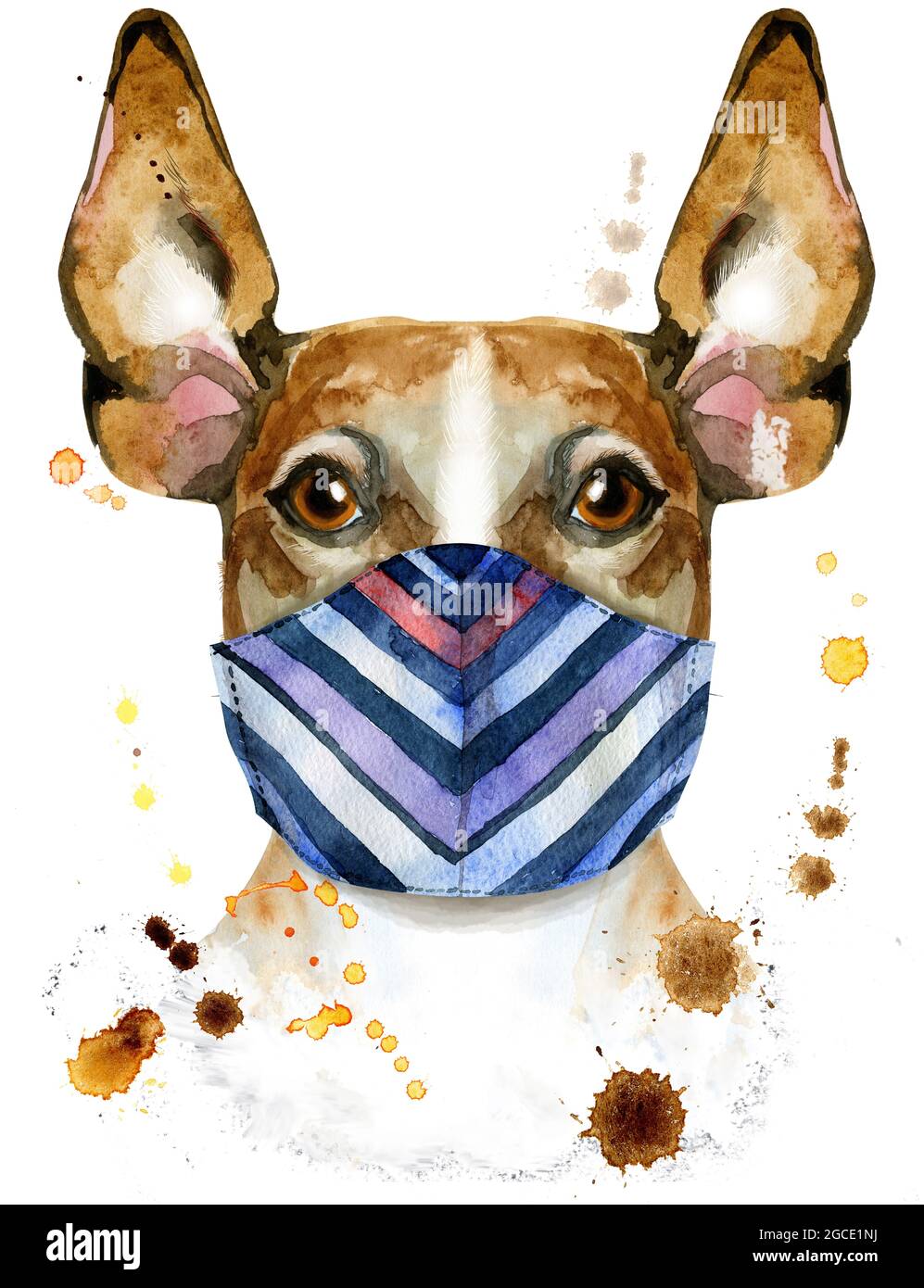 Cute Dog in medical face mask. Dog T-shirt graphics. watercolor jack ...
