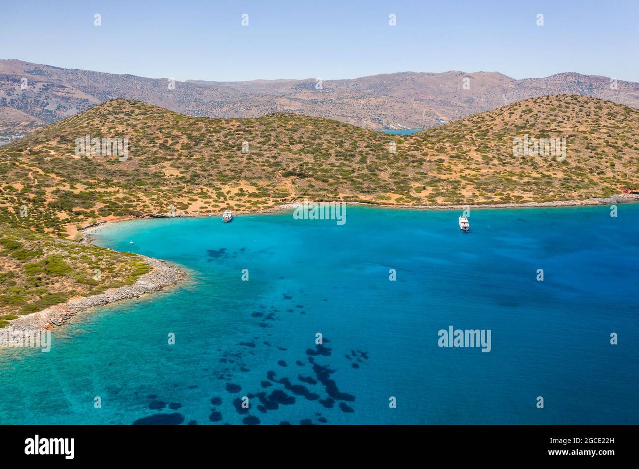 Aerial view of the dry Greek coastline in summer (Elounda, Crete Stock ...
