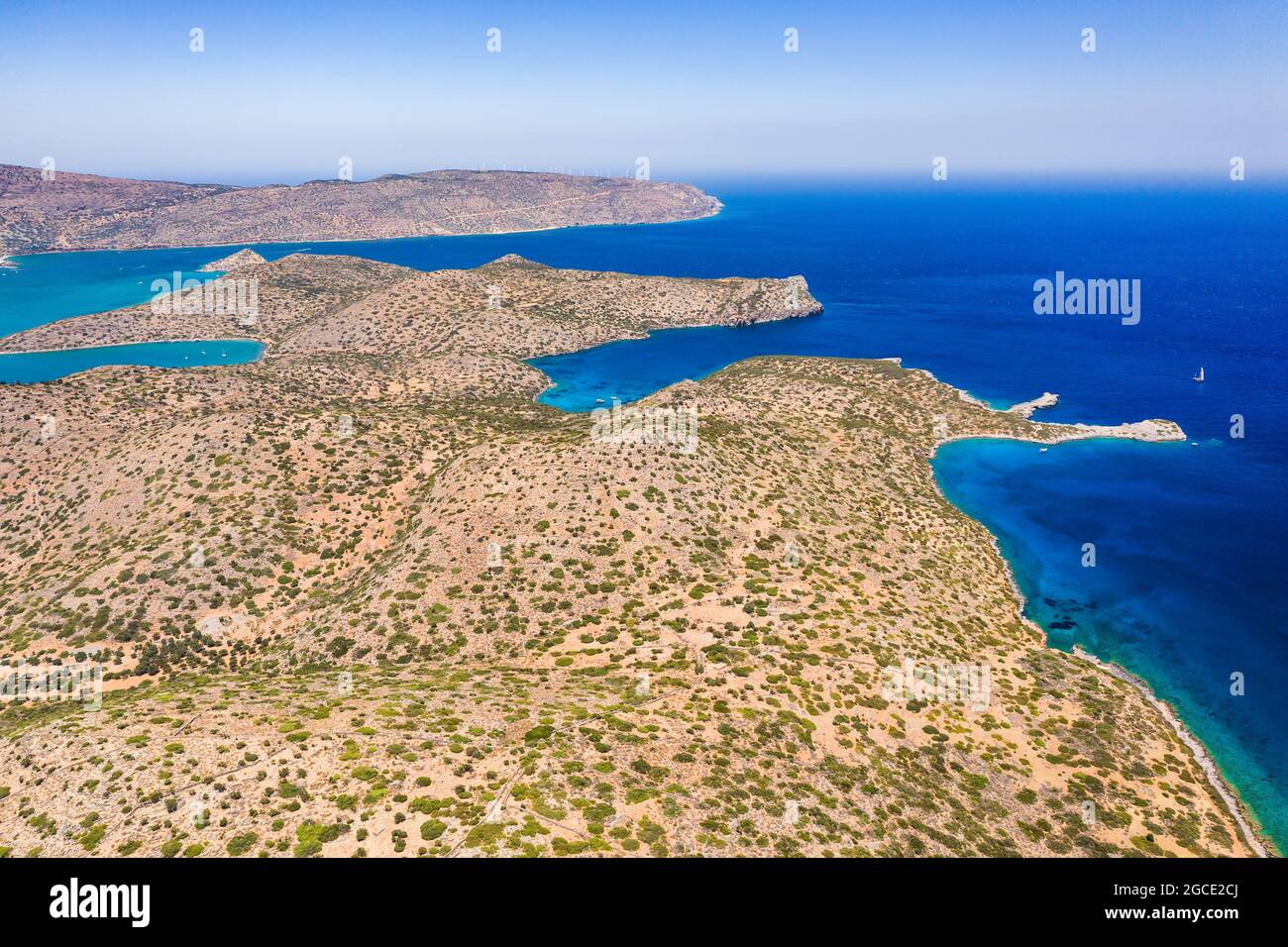 Aerial view of the dry Greek coastline in summer (Elounda, Crete Stock ...