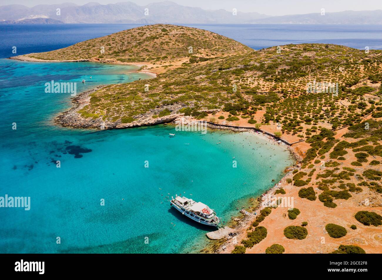 Aerial view of the dry Greek coastline in summer (Elounda, Crete Stock ...