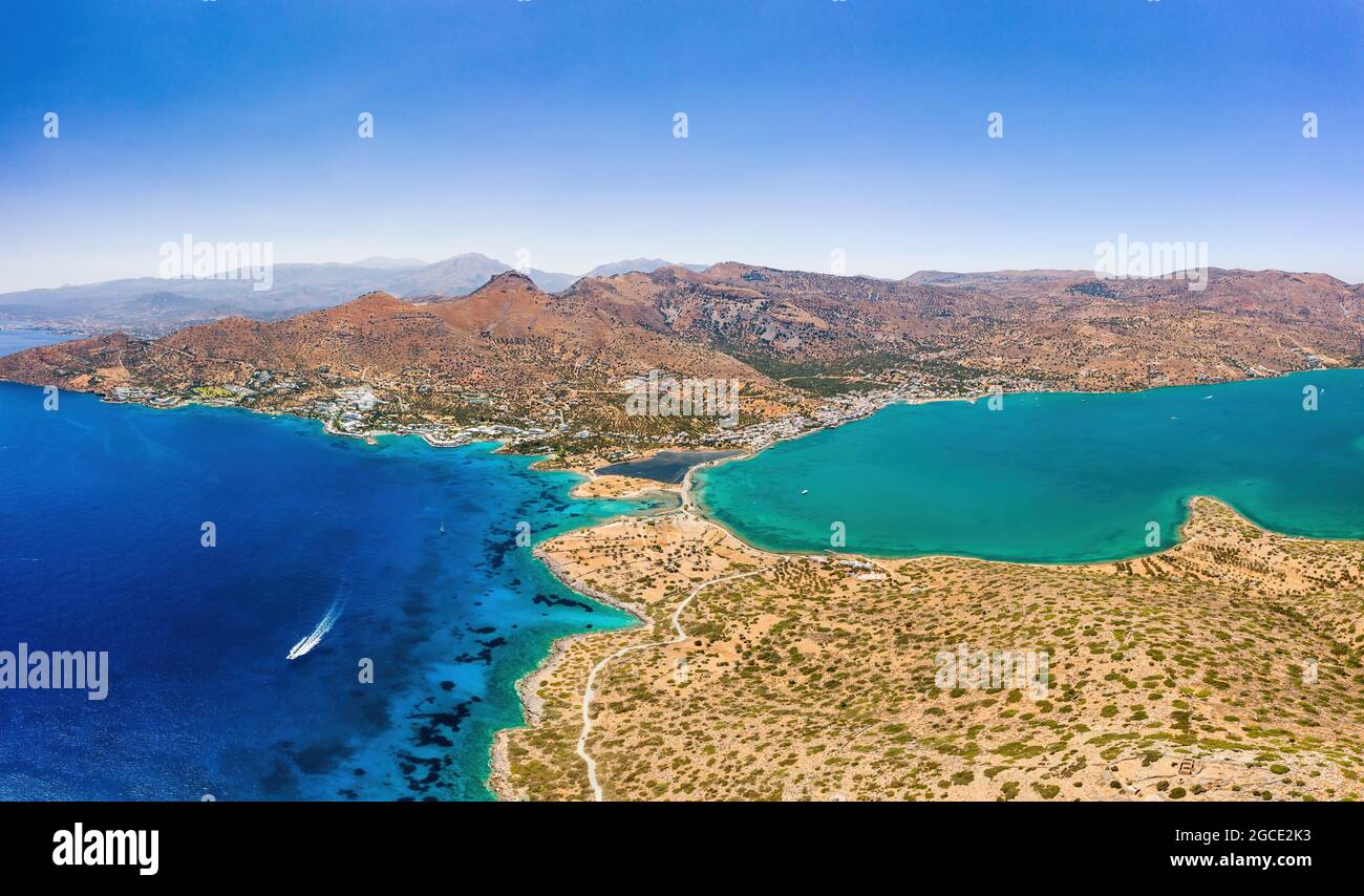 Panoramic aerial view of the town of Elounda on the island of Crete ...