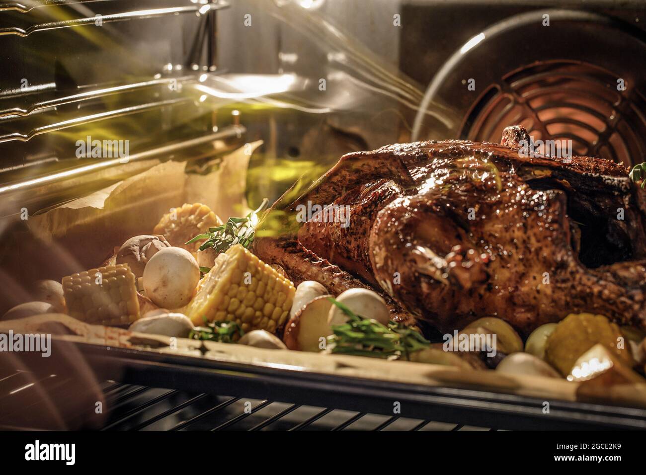 Whole duck on a baking tray with corn, herbs, mushrooms and potatoes ...