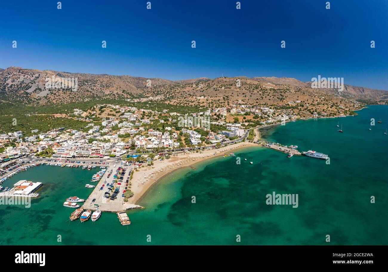 ELOUNDA, CRETE/GREECE - JULY 16 2021: Aerial view of the port and ...