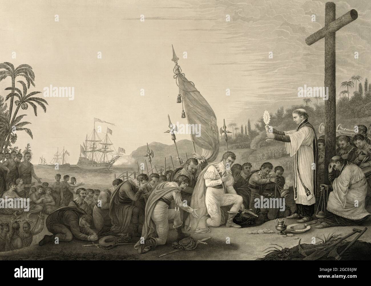 Christopher Columbus landing at San Salvador Island on 12 October 1492 ...