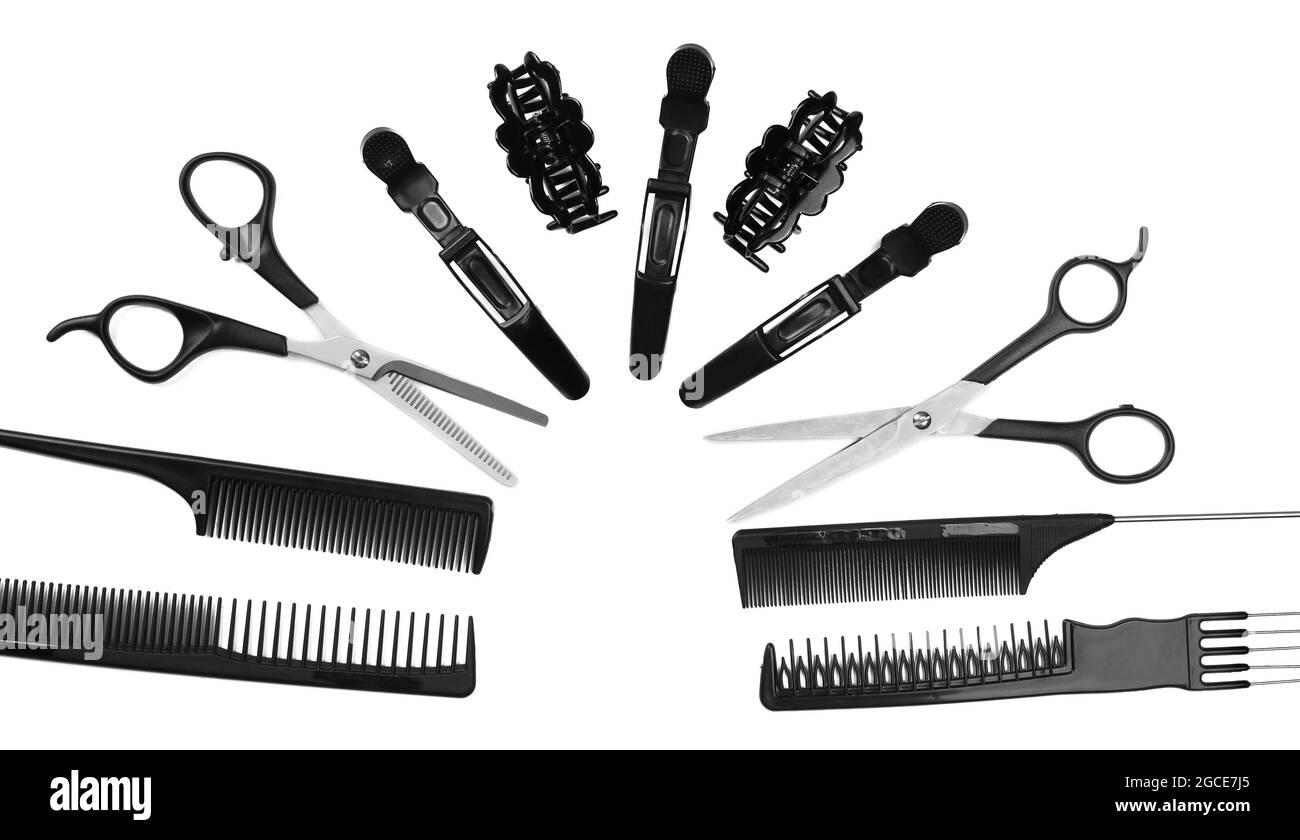 Professional hairdresser tools isolated on white Stock Photo - Alamy