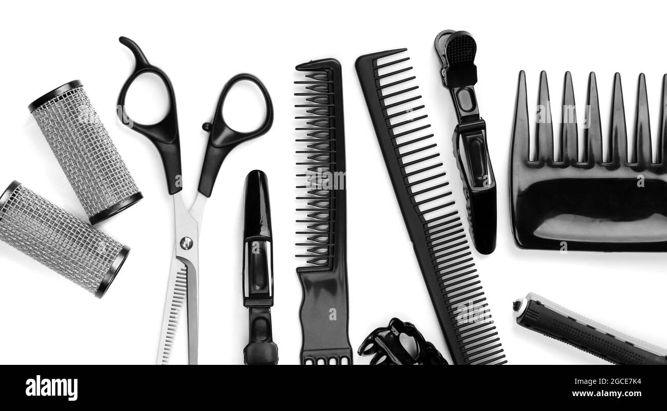 Professional hairdresser tools isolated on white Stock Photo - Alamy