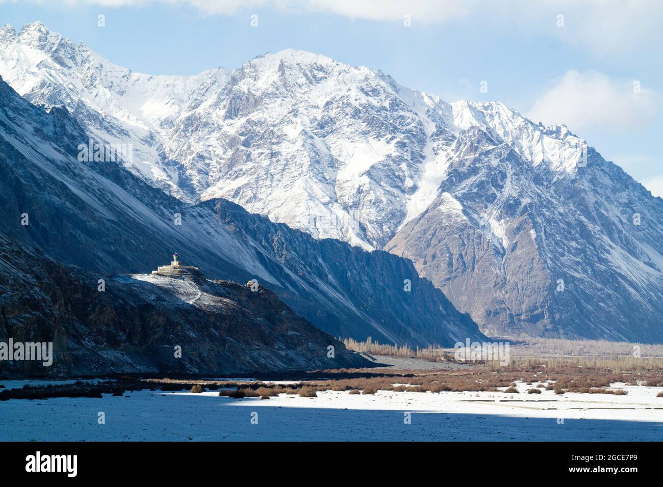 Diskit monastery below massive Ladakh mountains in Nubra valley Stock ...