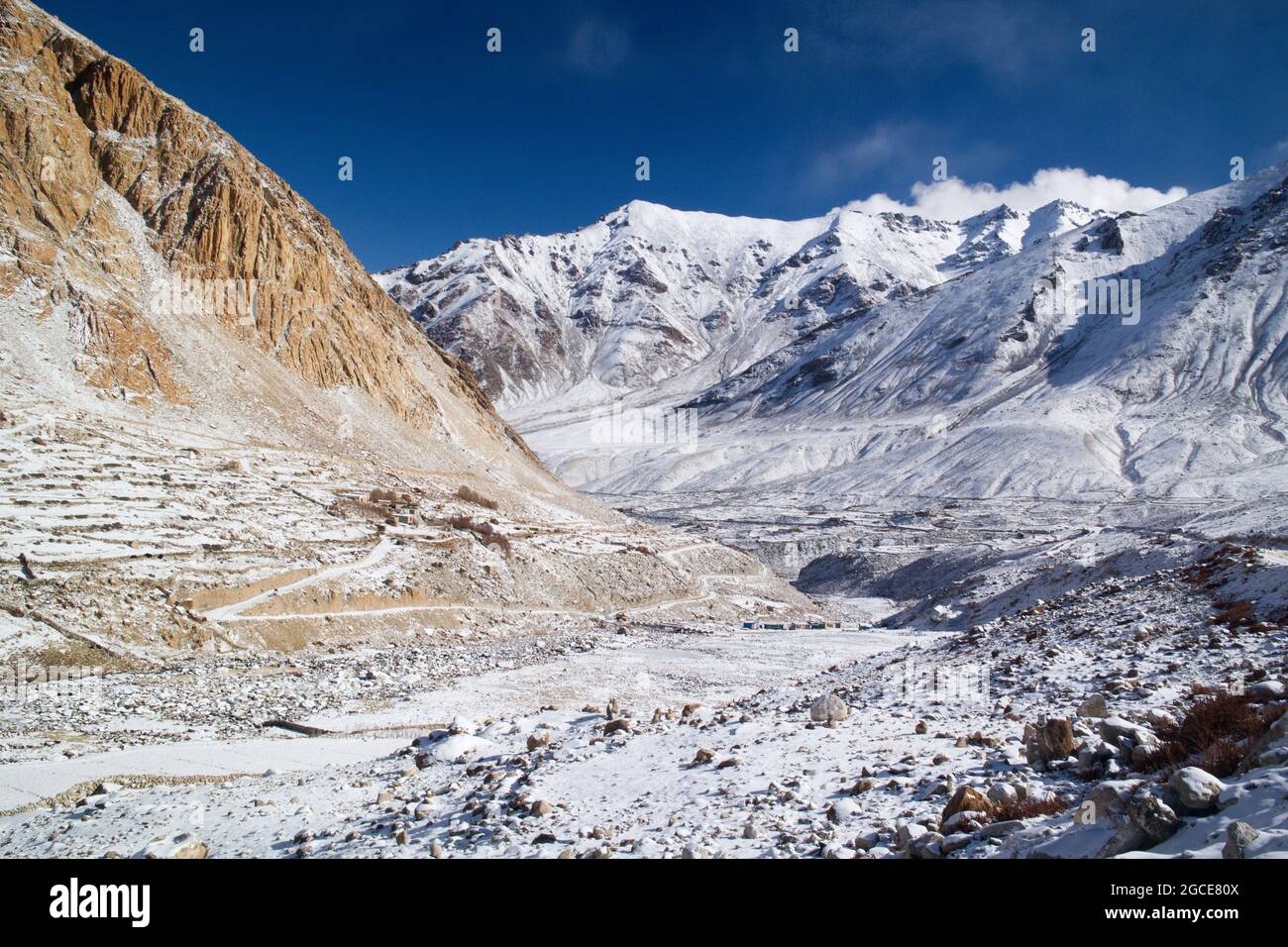 Road from the mighty Khardung La pass (5300 m) down into the dry Nubra ...