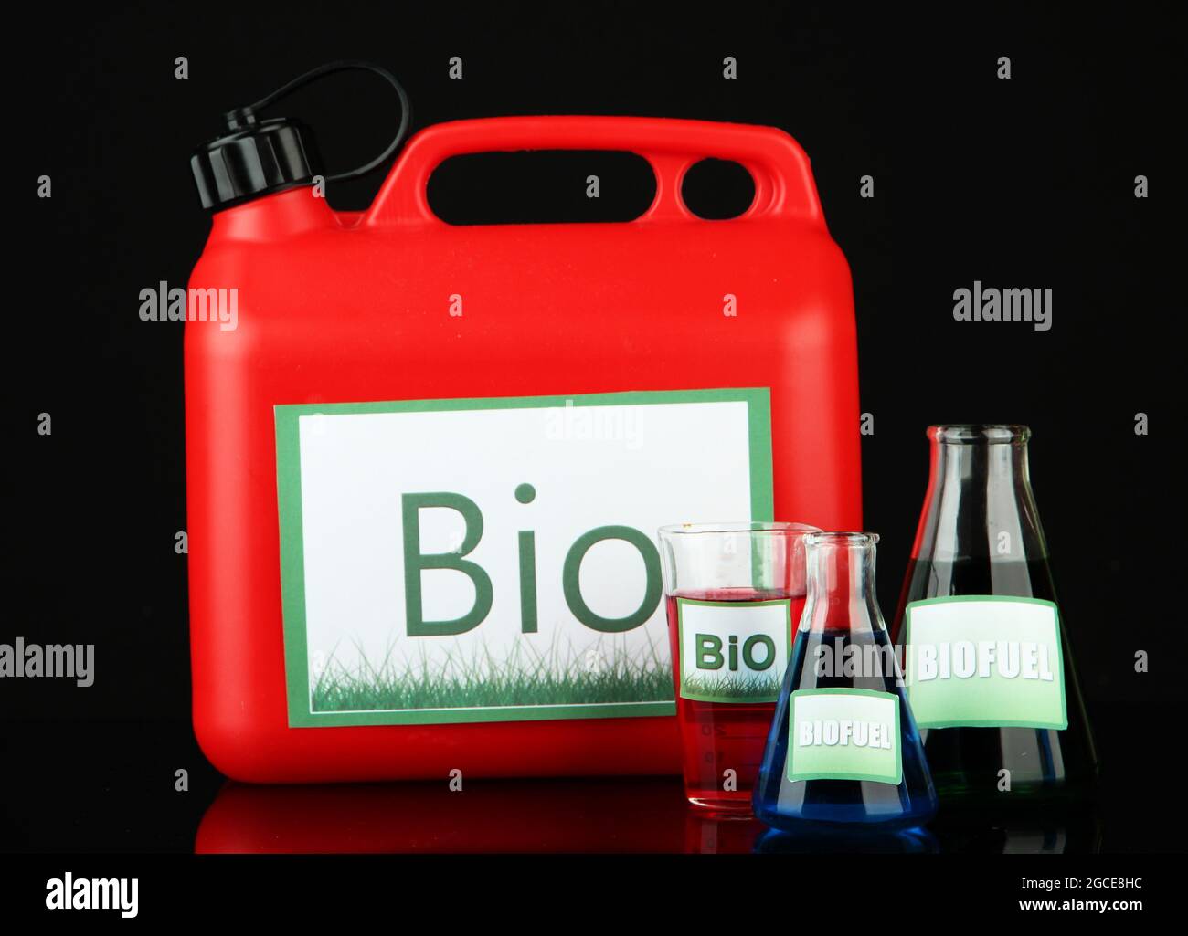 Bio fuels in canister and vials on black background Stock Photo - Alamy