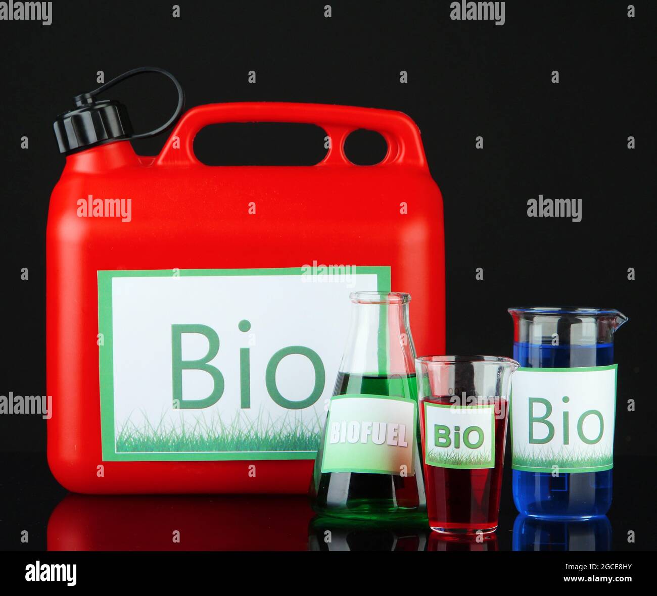 Bio fuels in canister and vials on black background Stock Photo - Alamy