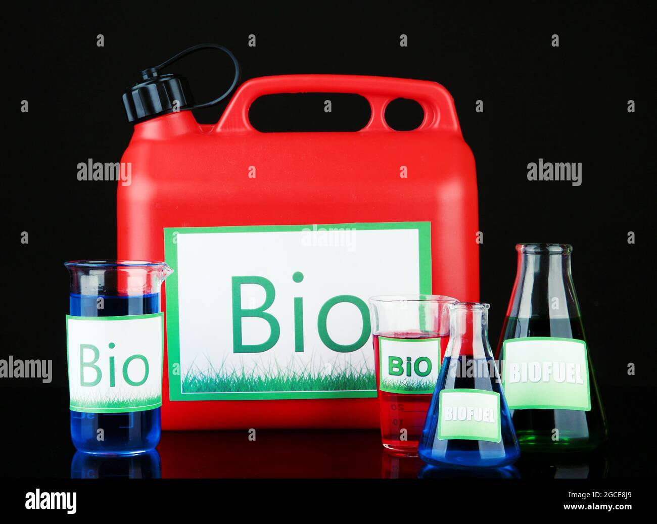 Bio fuels in canister and vials on black background Stock Photo - Alamy