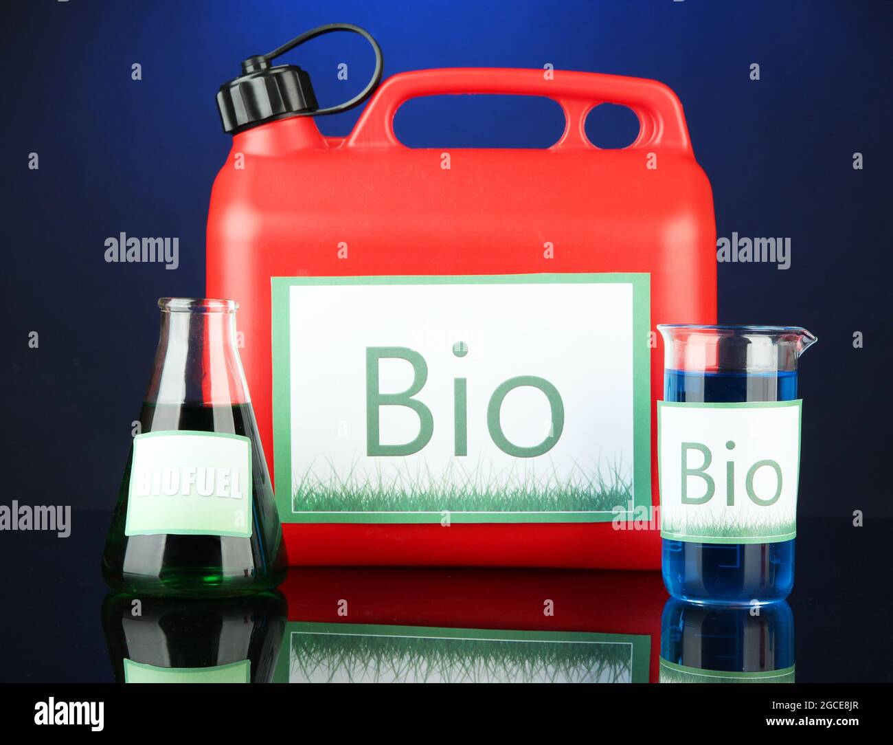 Bio fuels in canister and vials on blue background Stock Photo - Alamy