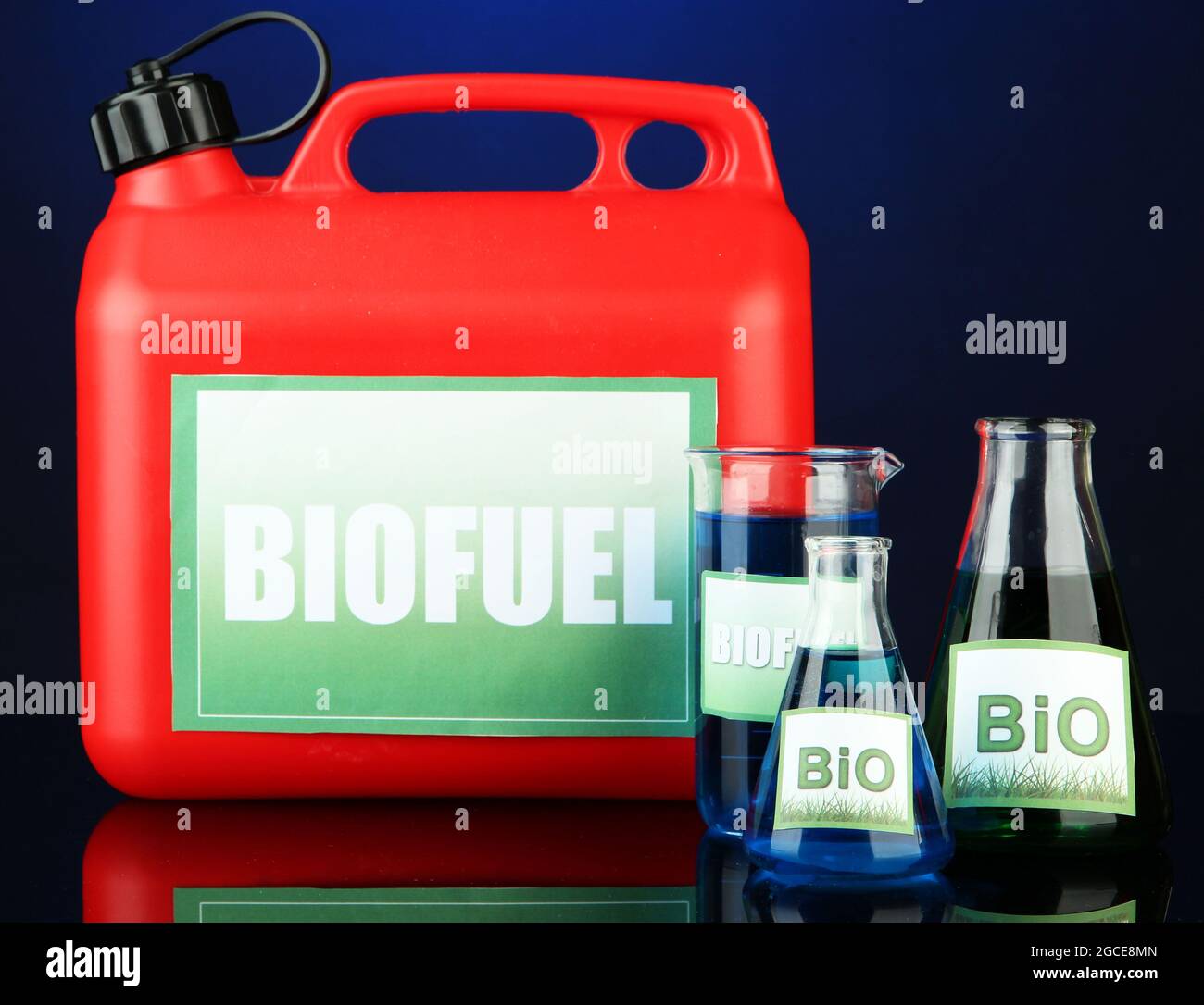 Bio fuels in canister and vials on blue background Stock Photo - Alamy